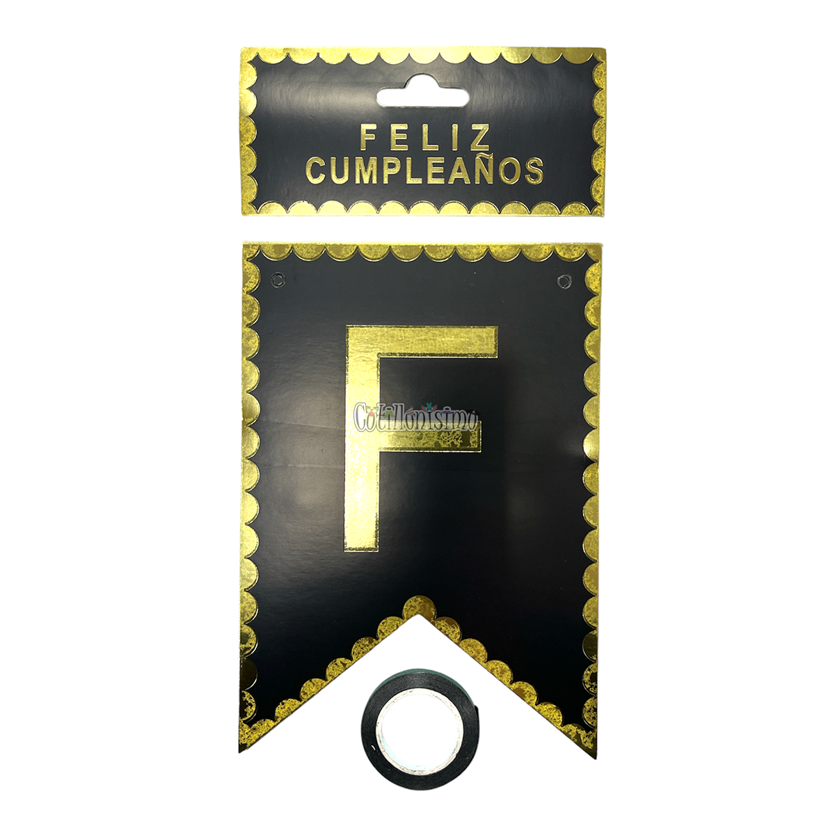 Banderin FELIZ CUMPLEAÑOS Negro Borde Dorado - Cotillonisimo