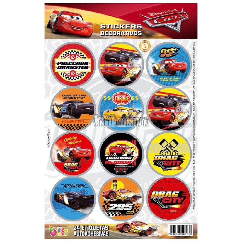 Stickers Autoadhesivos Cars x24 Unidades Licencia Oficial - Cotillonisimo