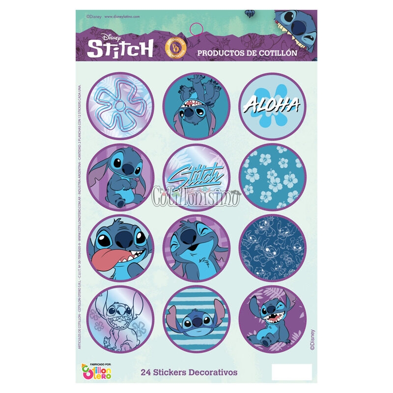 Stickers Autoadhesivos Stitch x24 Unidades Licencia Oficial - Cotillonisimo