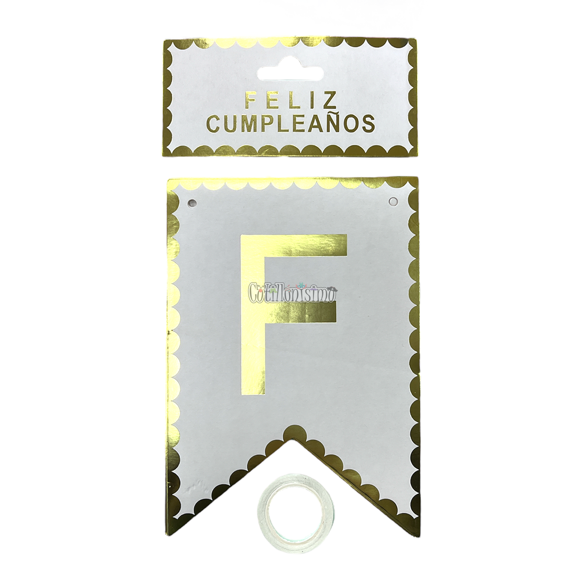 Banderin FELIZ CUMPLEAÑOS Blanco Borde Dorado | Cotillonisimo