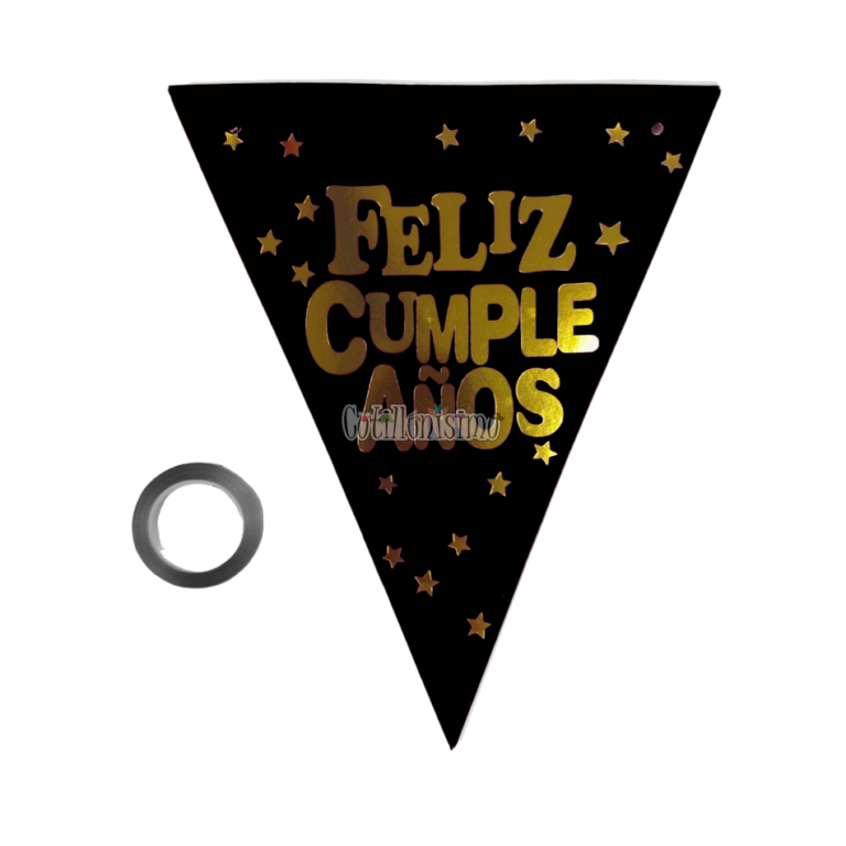 Banderin Triangular FELIZ CUMPLEAÑOS Negro y Dorado | Cotillonisimo