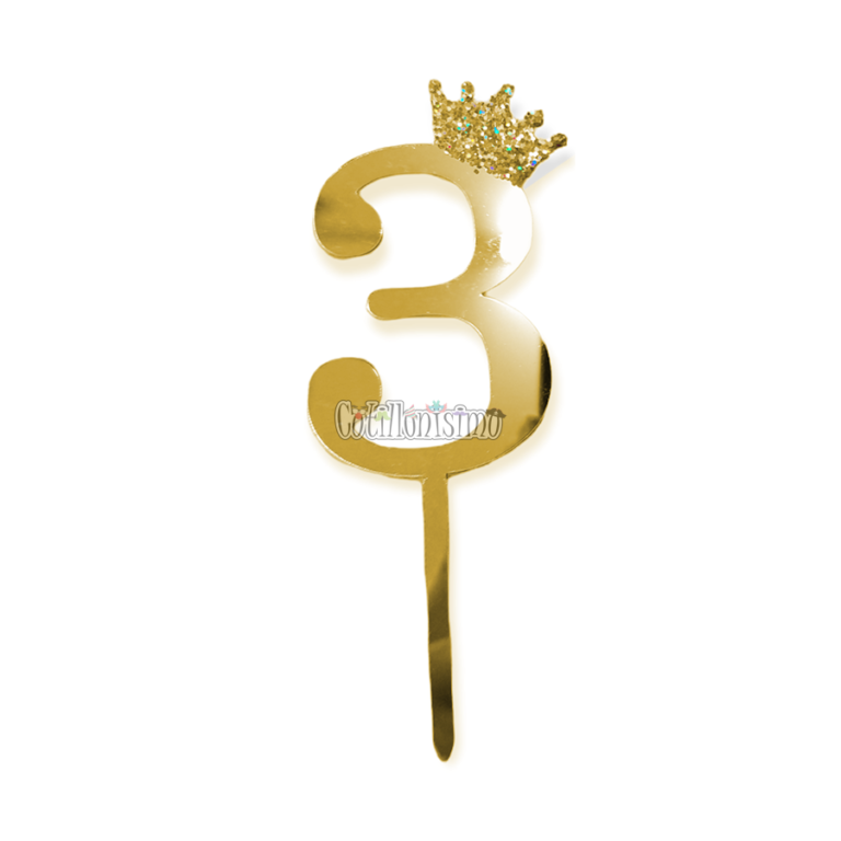 Topper para Torta Dorado Nº3 Con Corona 11cm | Cotillonisimo