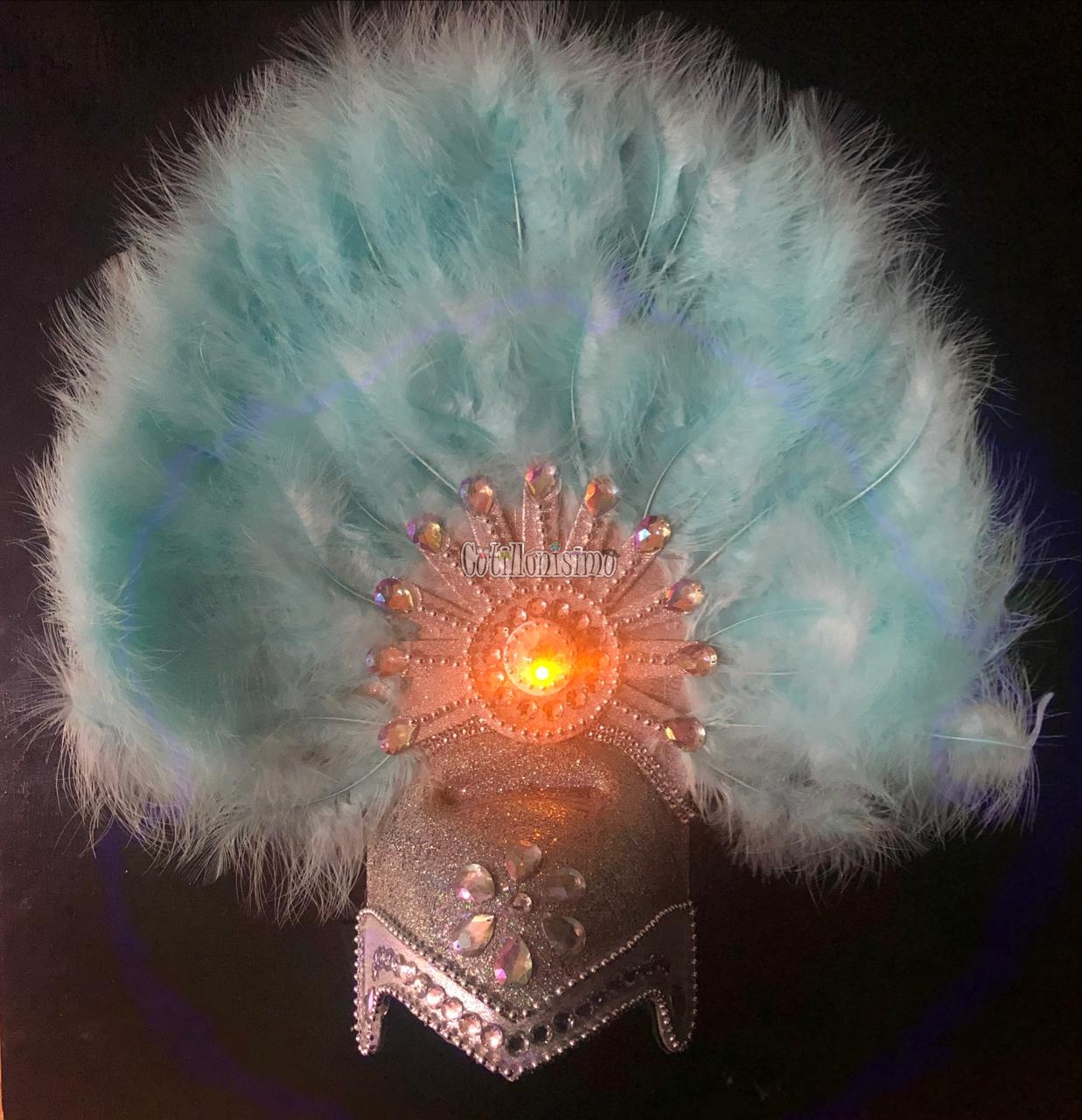 Casco COMPARSA con Plumas Luminosa (LED) Color VERDEAGUA | Cotillonisimo